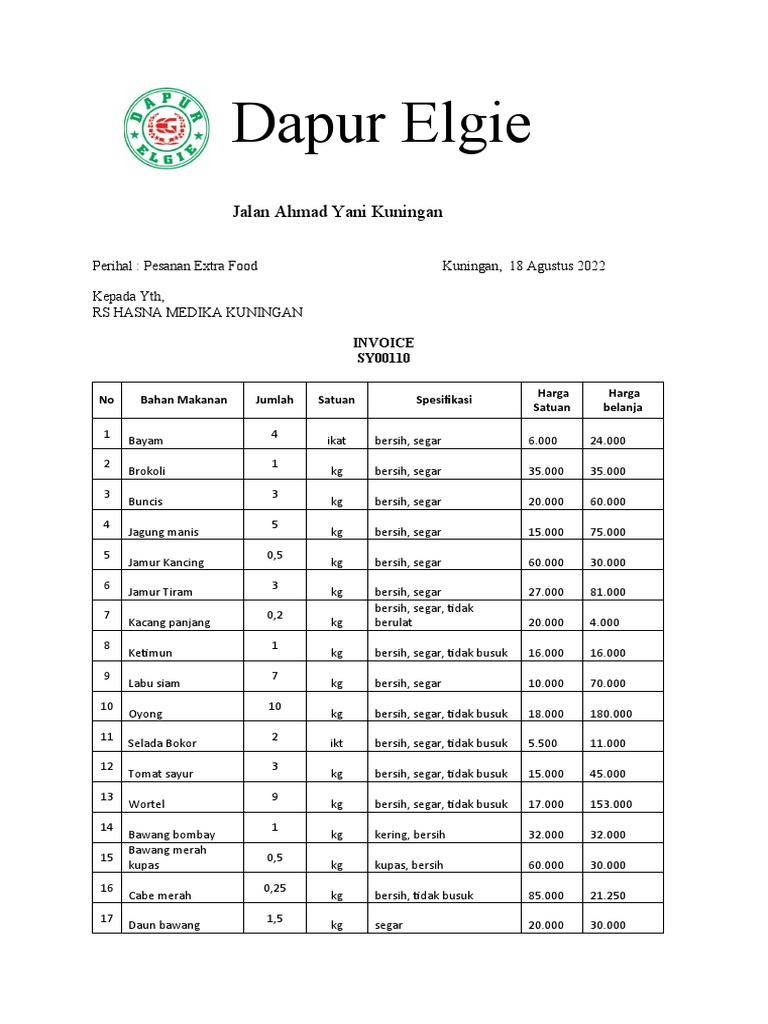 Invoice Dapur Elgie - Sayur | PDF
