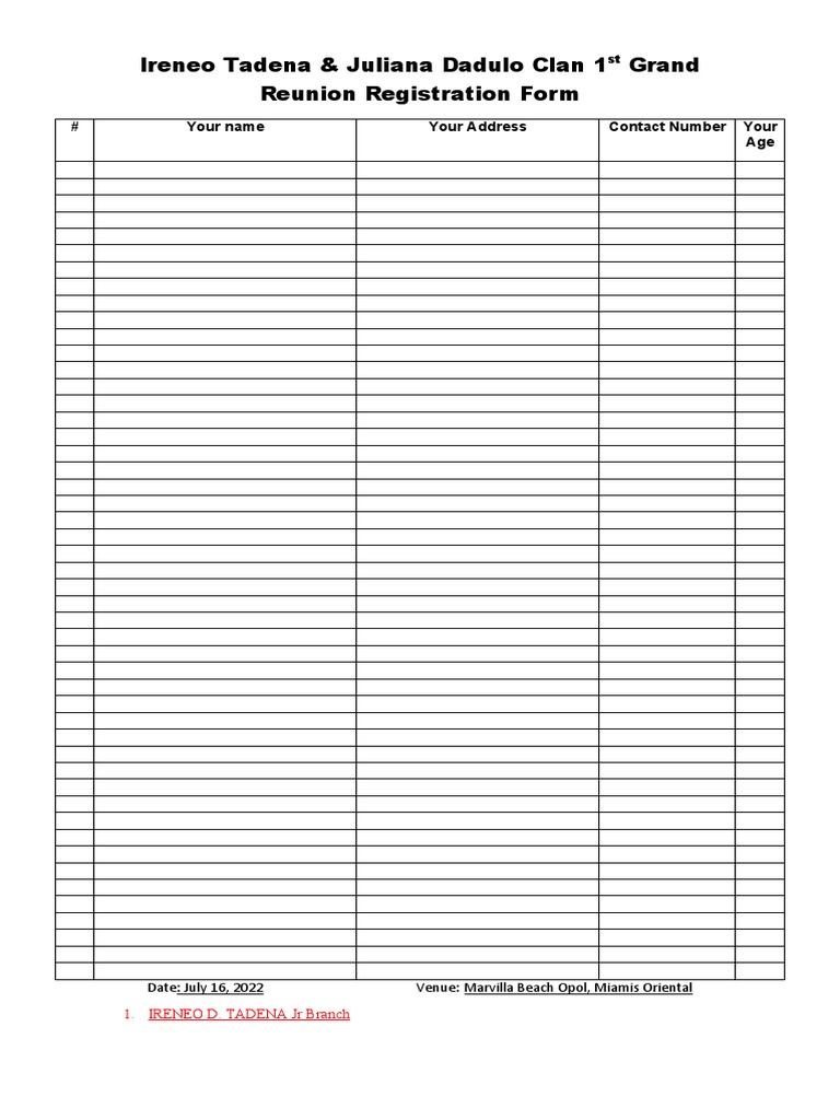 Family Reunion Registration Form | PDF | Law | Wellness