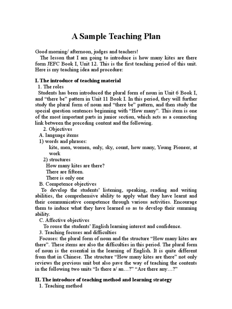 A Sample Teaching Plan: I. The Introduce of Teaching Material | PDF ...