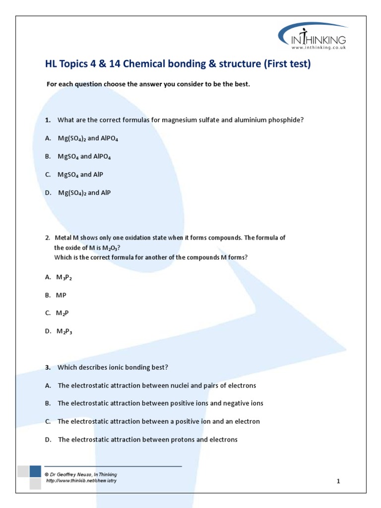 HL Topics 4 & 14 Chemical Bonding & Structure (First Test) | PDF ...