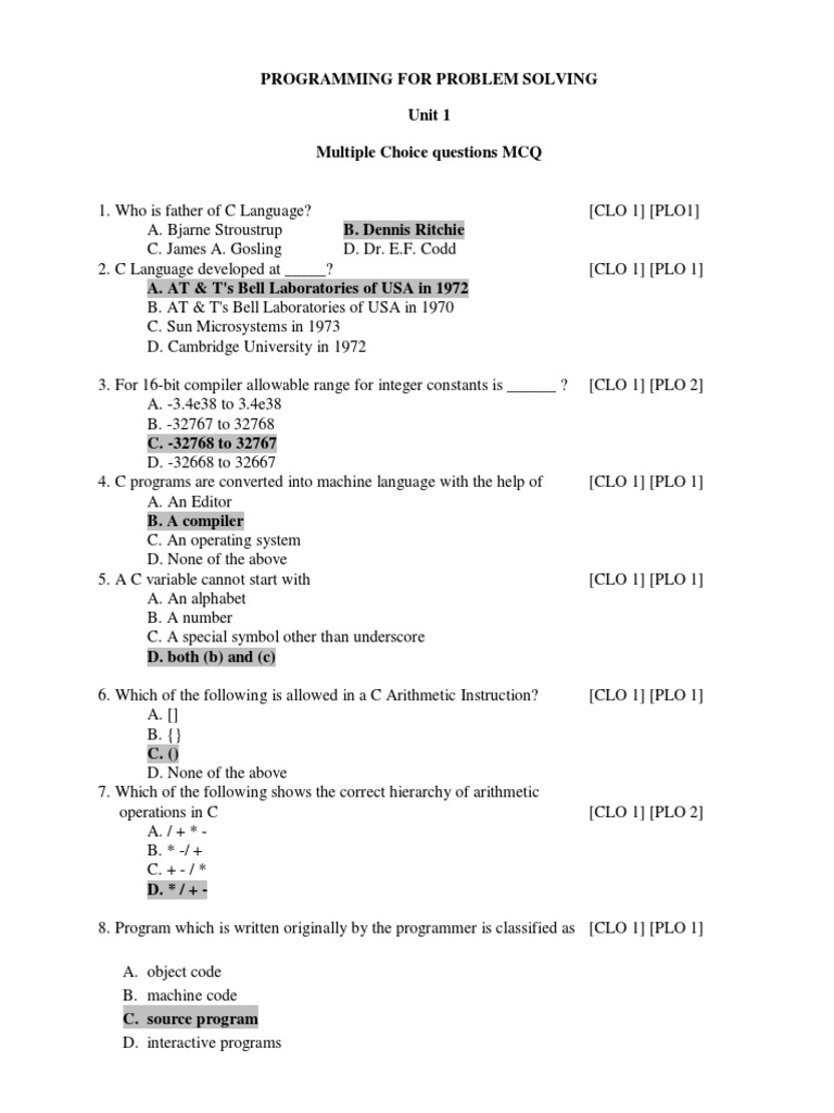 Programming For Problem Solving Unit 1 Multiple Choice Questions Mcq Pdf Subroutine