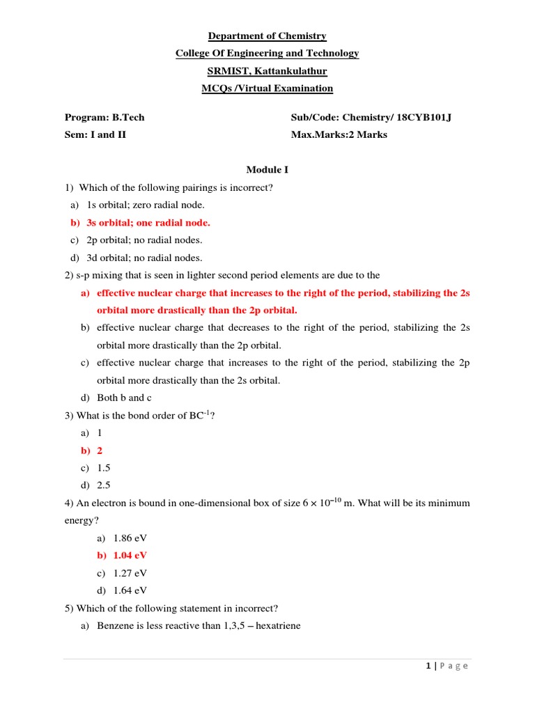 Module I-V MCQs 2 Marks 18CYB101J Virtual Examination | PDF | Molecular ...
