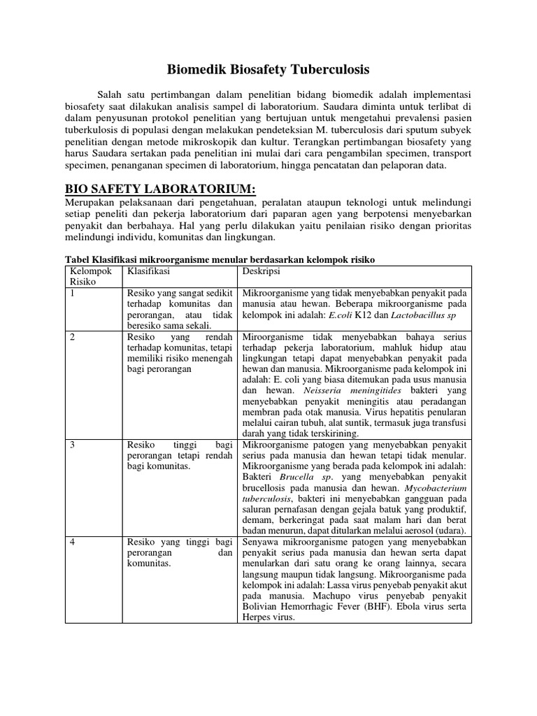 Biomedik Biosafety Tuberculosis | PDF | Pengembangan Diri | Kesehatan Holistik