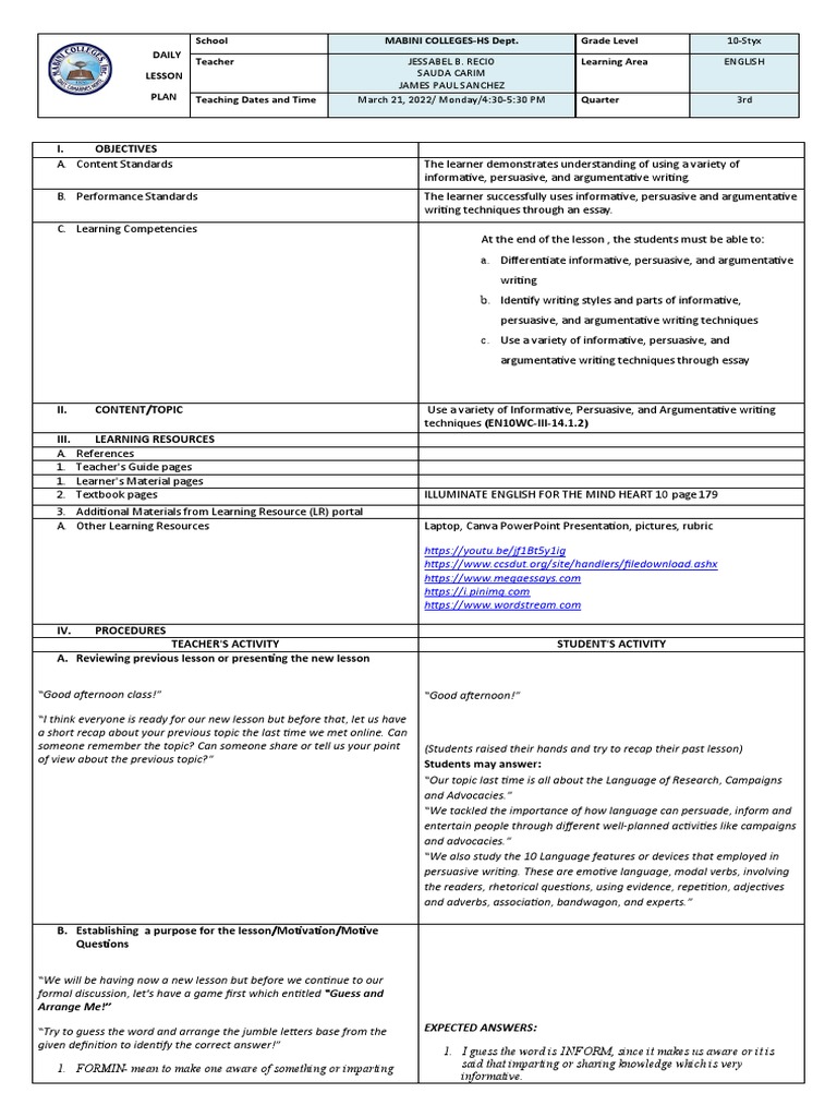 Daily Lesson Plan School Mabini Colleges-Hs Dept. Grade Level Teacher ...