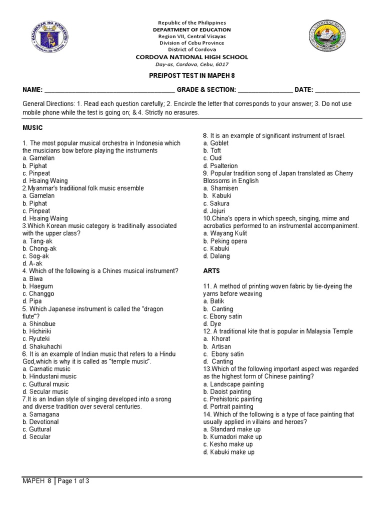 Cordova National High School Pre/Post Test in Mapeh 8 NAME: - GRADE ...