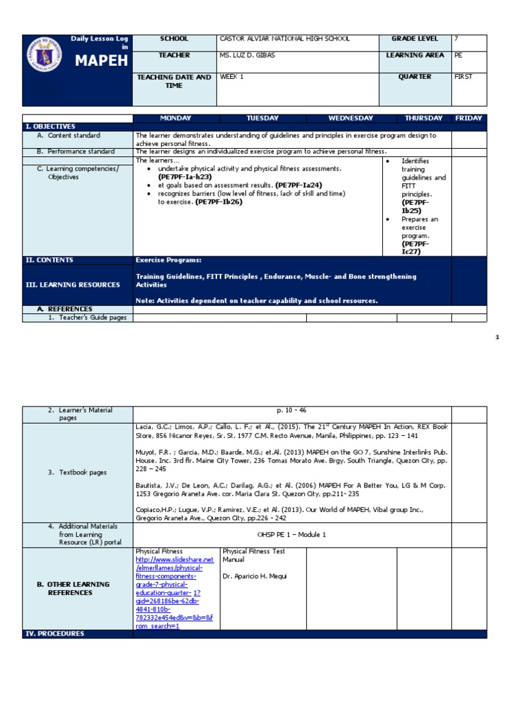 q1 Grade 7 Pe DLL Week 1 | PDF | Physical Fitness | Rubric (Academic)