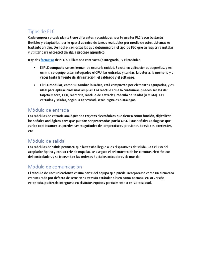 Tipos de PLC | PDF | Controlador lógico programable | Almacenamiento de datos de la computadora
