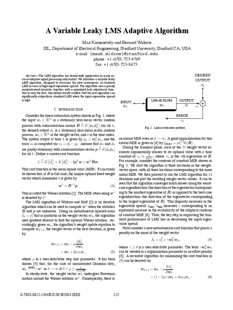 A Variable Leaky LMS Adaptive Algorithm | PDF | Eigenvalues And Eigenvectors | Mean Squared Error