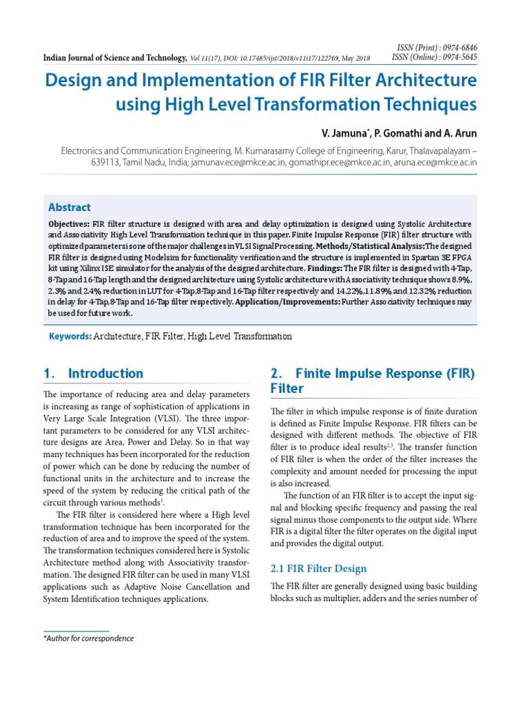 Design and Implementation of FIR Filter Architecture Using High Level Transformation Techniques ...