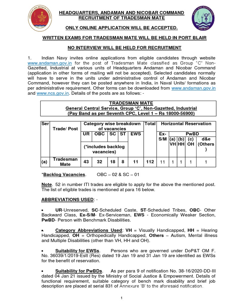 Indian Navy HQ ANC Recruitment 2022 For 112 Tradesman Mate Posts | PDF ...