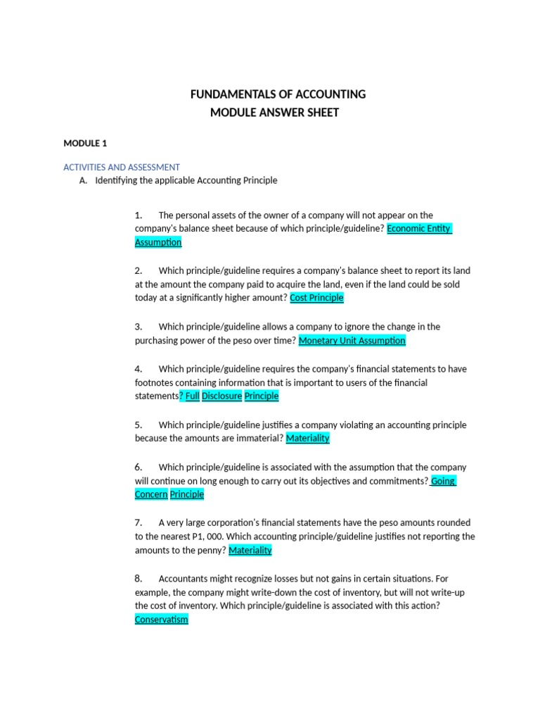 Fundamentals of Accounting Module Answer Sheet: Activities and ...