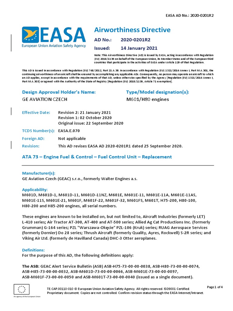 Airworthiness Directive: Design Approval Holder's Name: Type/Model ...