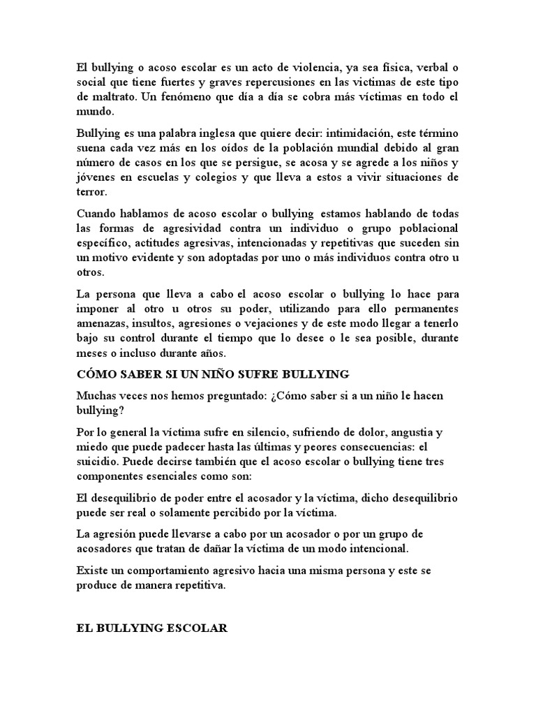 El Bullying o Acoso Escolar Es Un Acto de Violencia | PDF | Sicología ...