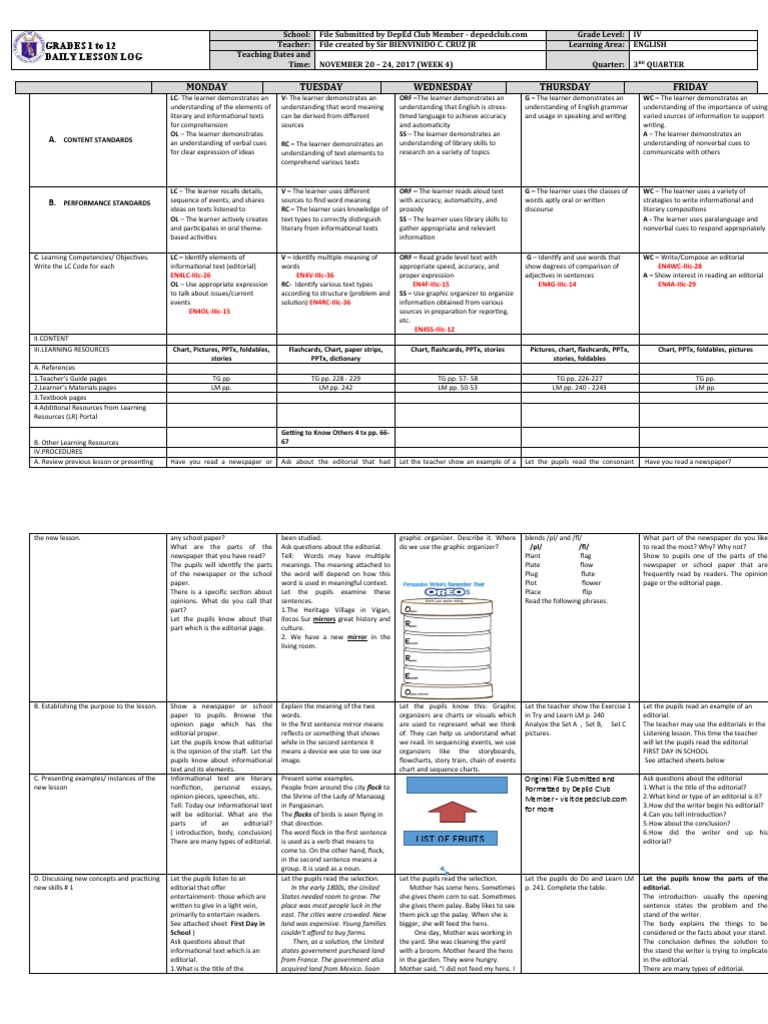 GRADES 1 To 12 Daily Lesson Log Monday Tuesday Wednesday Thursday Friday | PDF | Learning ...