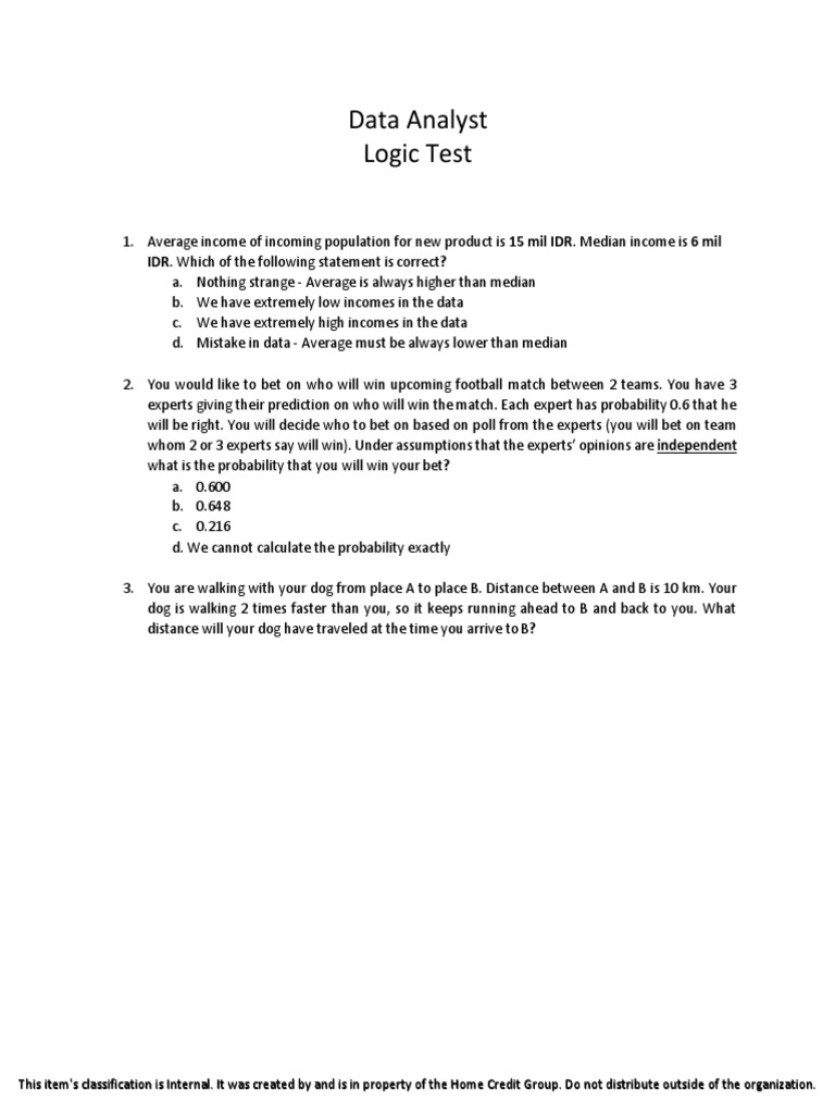 Data Analyst Logic Test | Download Free PDF | Risk | Median