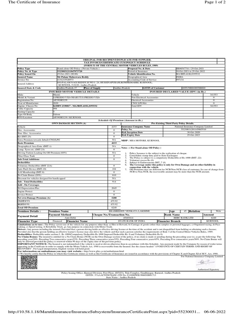 Insured Motor Vehicle Details Insured Declared Value (Idv) (In RS ...