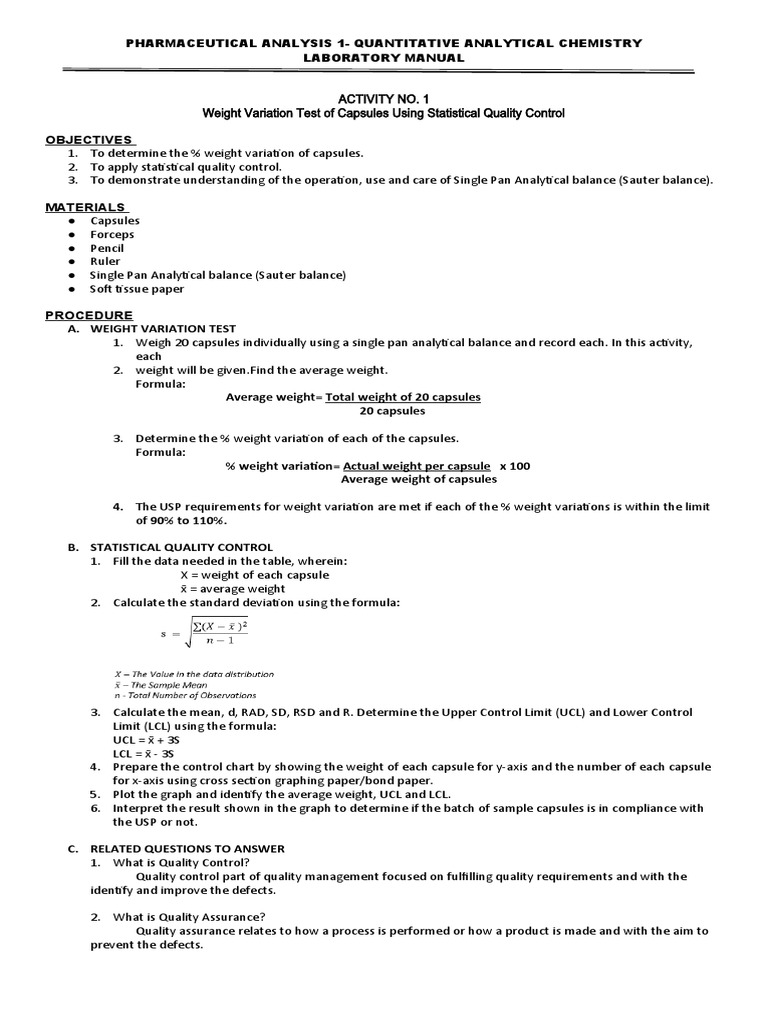 Activity 1 - Weight Variation of Capsules | PDF | Quality Assurance ...