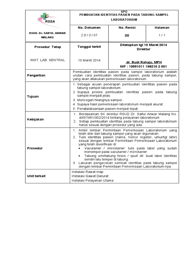 2.9-3-07 Pembuatan Identitas Pasien Pada Tabung Sampel Laboratorium | PDF