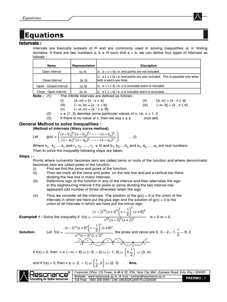 RESONANCE Equations For PreRmo | PDF | Quadratic Equation | Equations