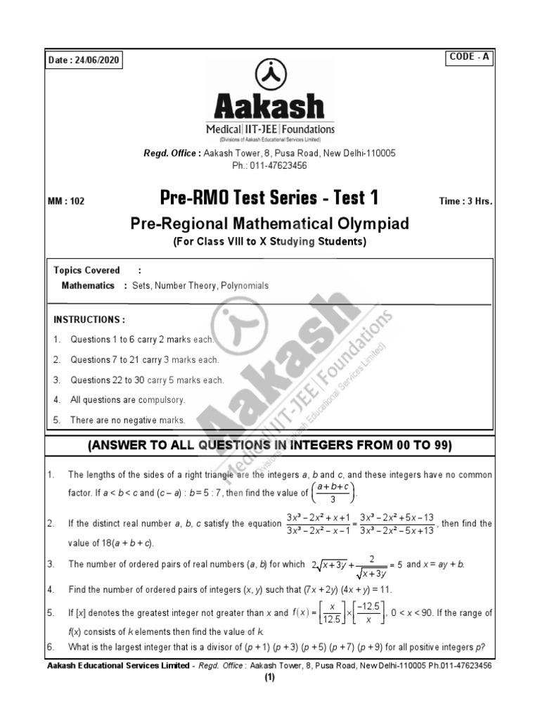 Aakash PRMO Test_1 | PDF | Numbers | Factorization