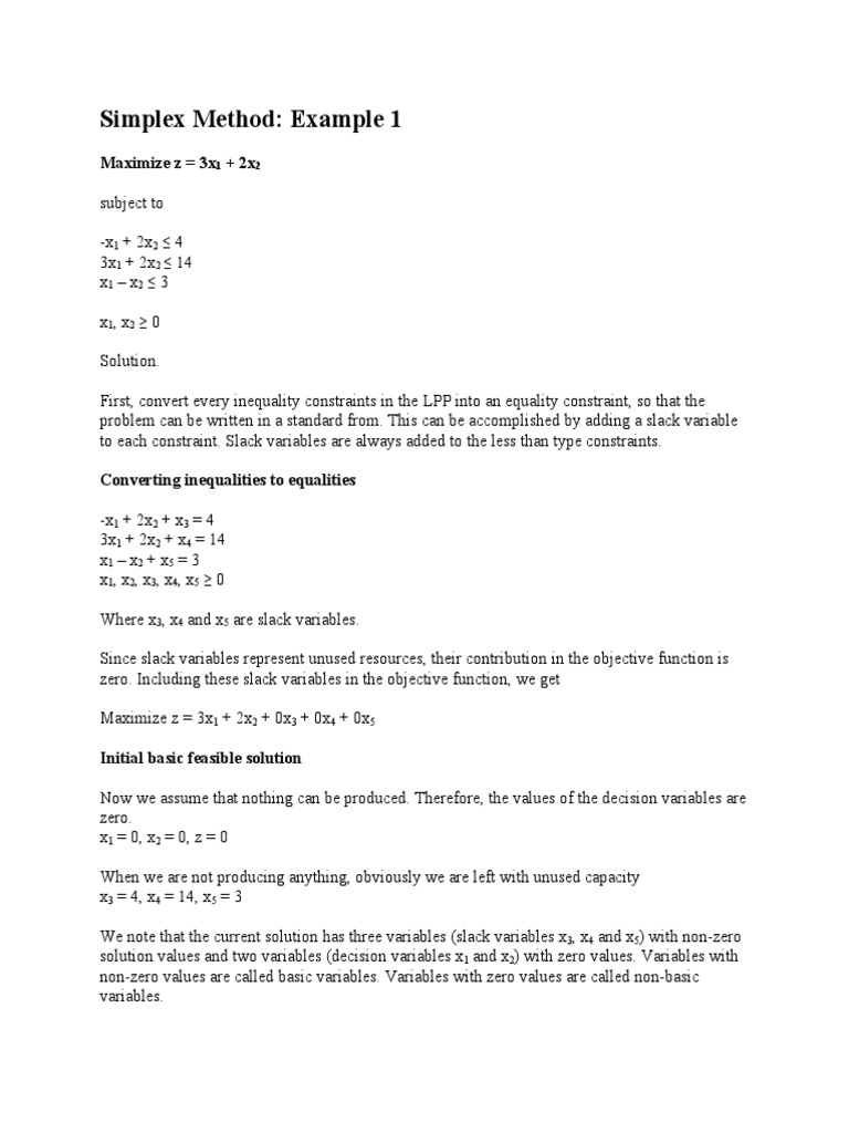 Simplex Method: Example 1: Maximize Z 3x + 2x | PDF | Mathematical Optimization | Matrix ...