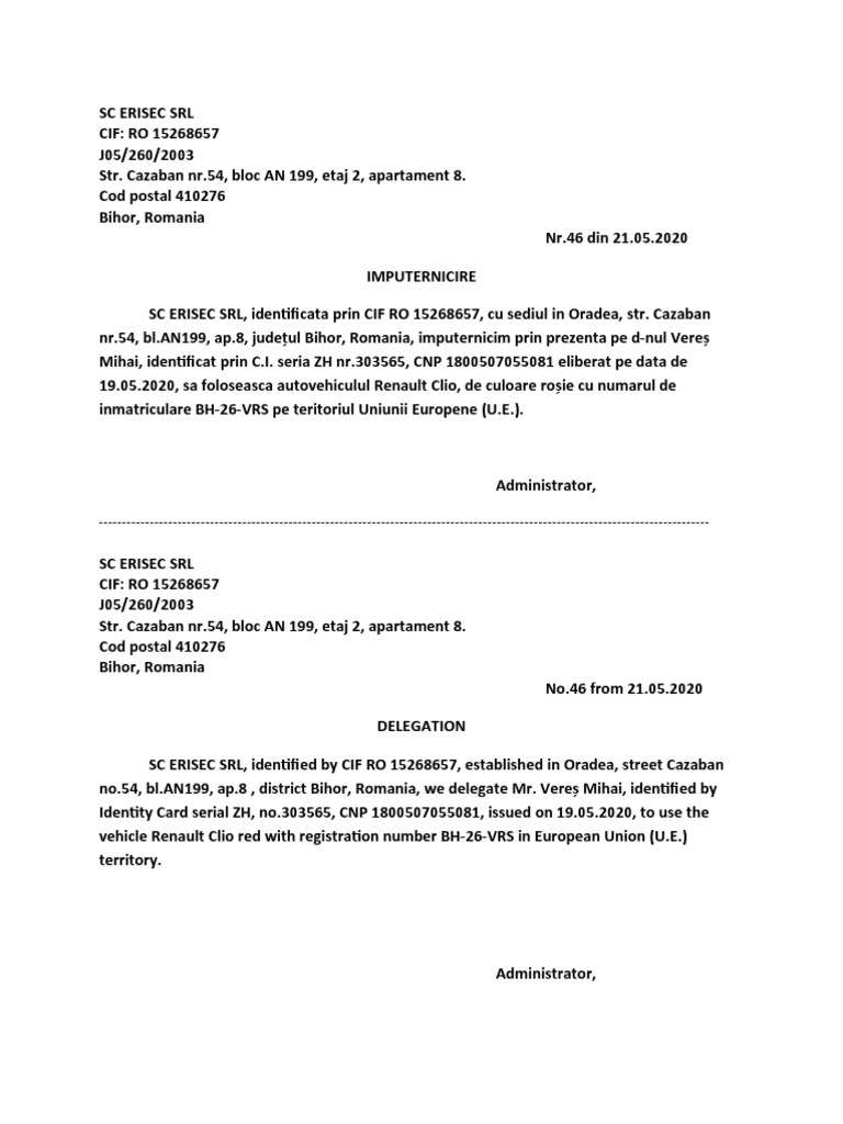 Model Imputernicire Auto Rom Engleza | PDF