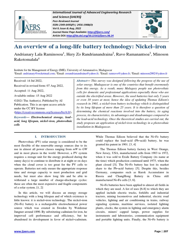 An Overview of A Long-Life Battery Technology: Nickel-Iron | PDF ...