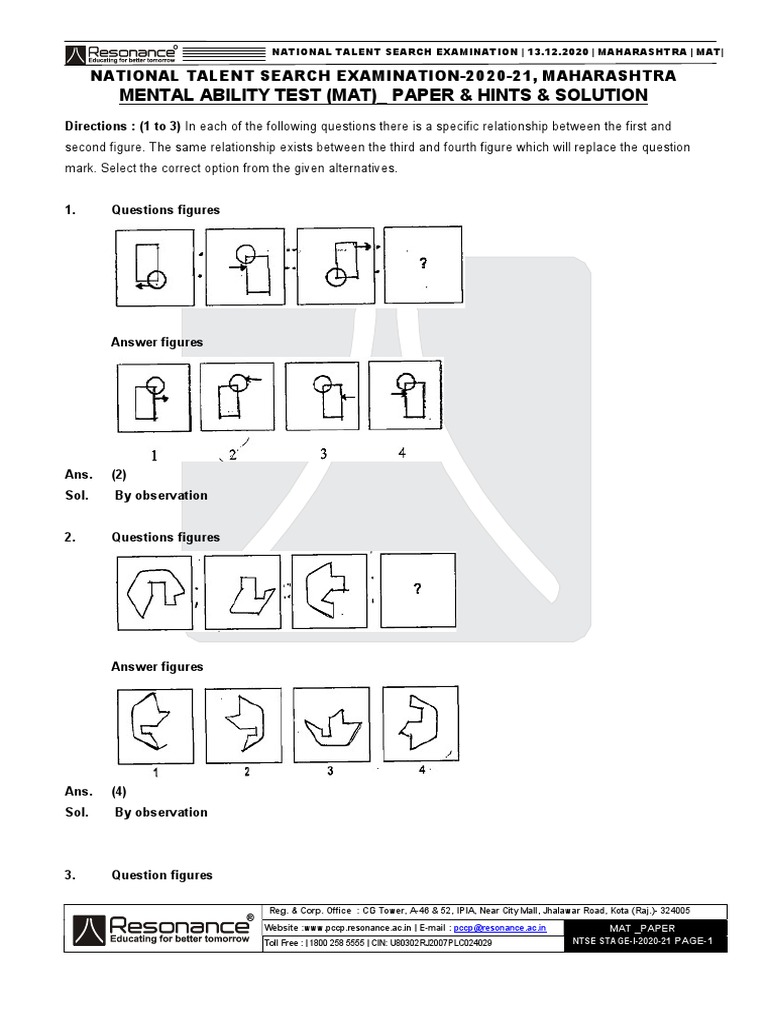 Mental Ability Test (Mat) - Paper & Hints & Solution: National Talent ...