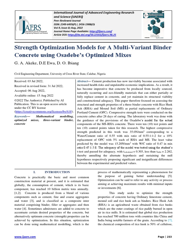 Strength Optimization Models For A Multi-Variant Binder Concrete Using Osadebe's Optimized Mixes ...