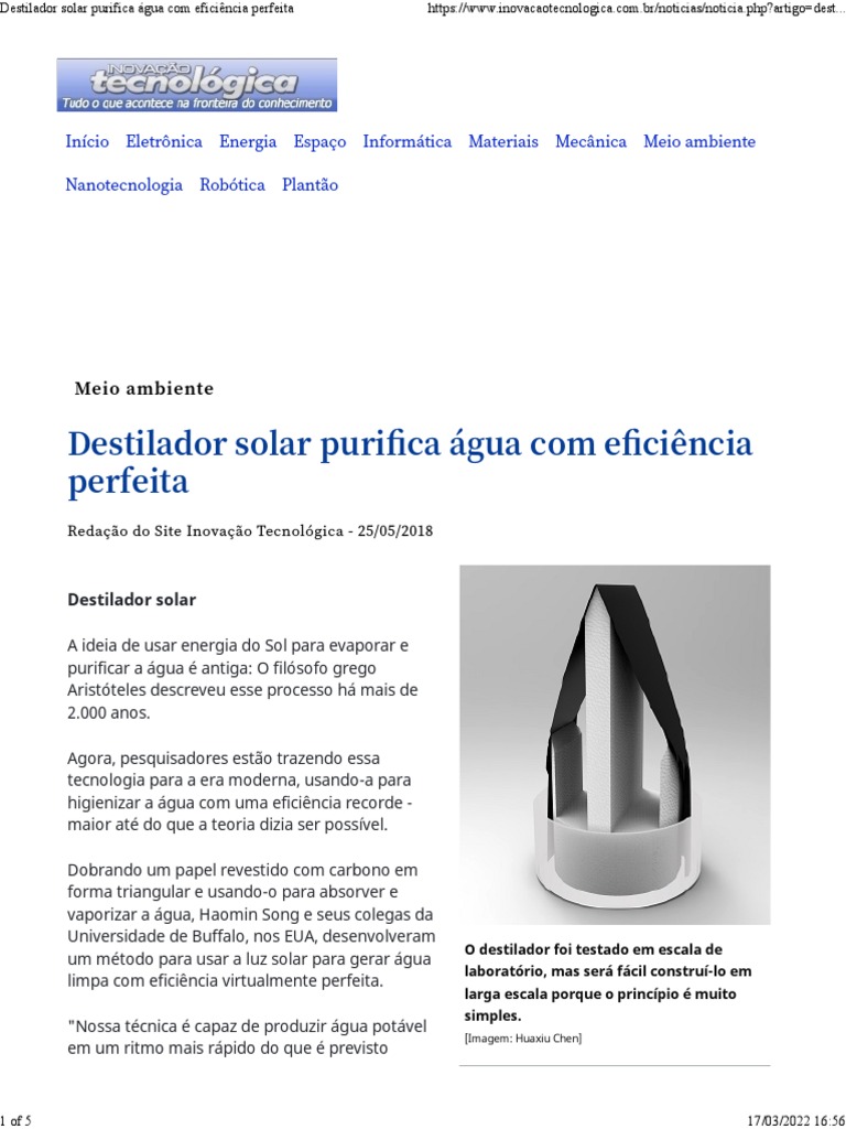 Destilador solar purifica água com eficiência perfeita | PDF | Energia ...