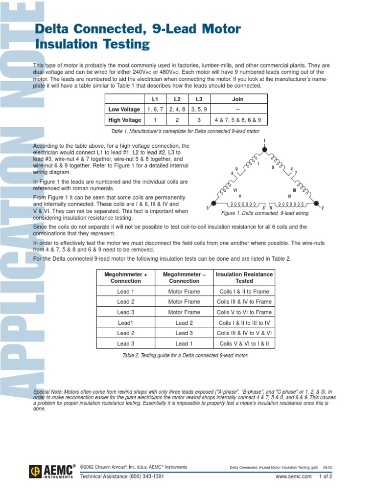 Delta Connected, 9-Lead Motor Insulation Testing: L1 L2 L3 Join Low ...