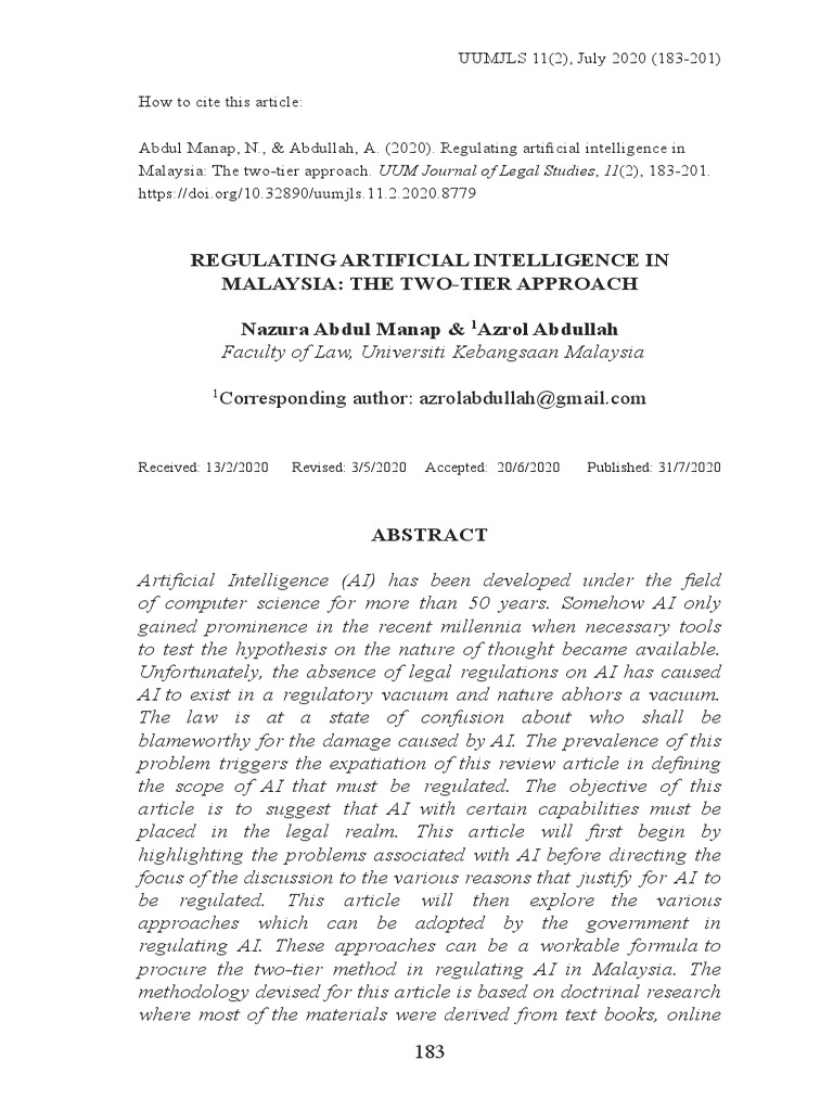 Regulating Artificial Intelligence in Malaysia: The Two-Tier Approach Nazura Abdul Manap & Azrol ...