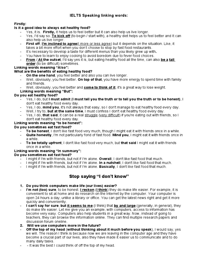 IELTS Speaking Linking Words Guide | PDF | Healthy Diet | Leisure