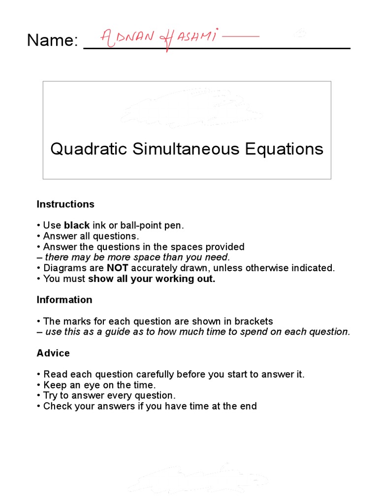 Solving Quadratic Simultaneous Equations: A GCSE Maths Practice ...