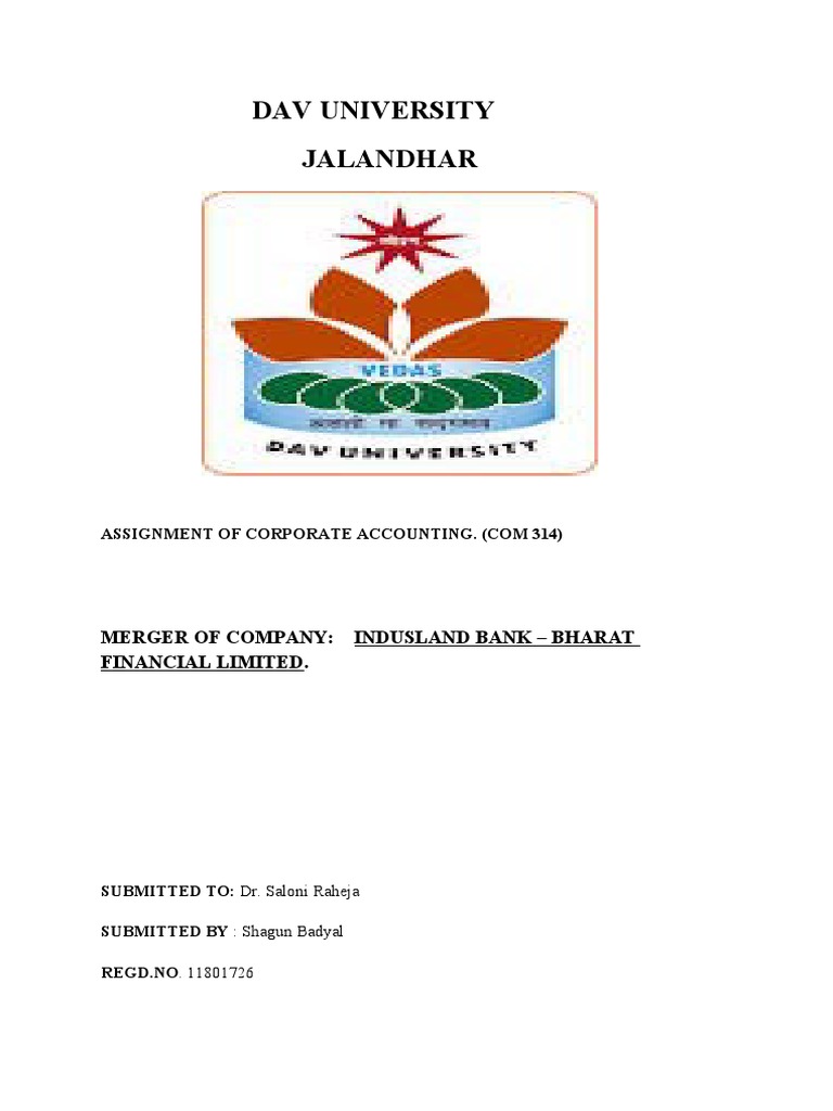 Dav University Jalandhar: Merger of Company: Indusland Bank - Bharat ...