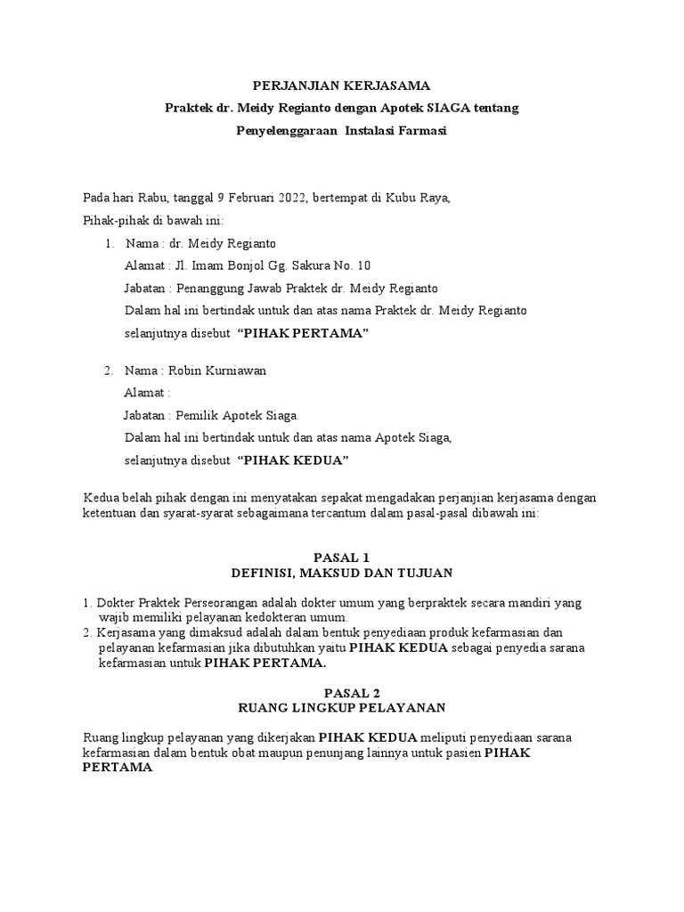 Perjanjian Kerjasama Dokter Praktek Perorangan Dengan Apotek Jejaring