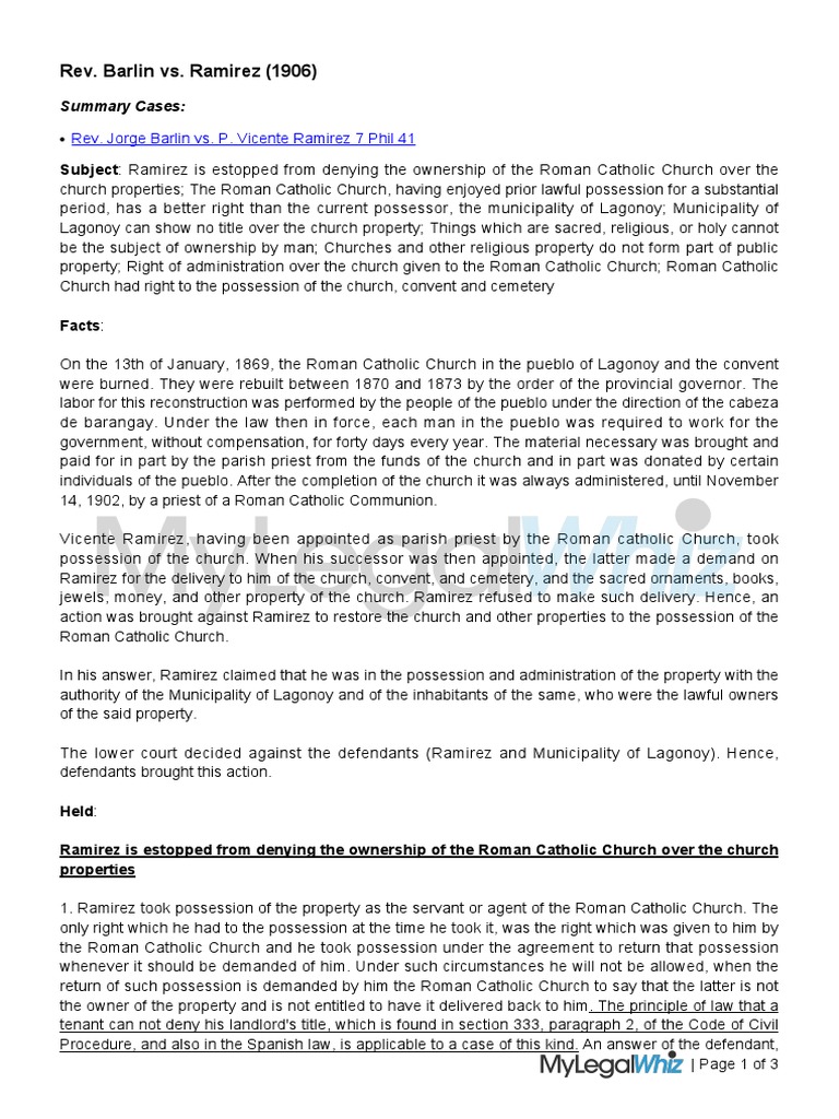 6.rev Jorge Barlin Vs P Vicente Ramirez 7 Phil 41 | PDF | Property ...