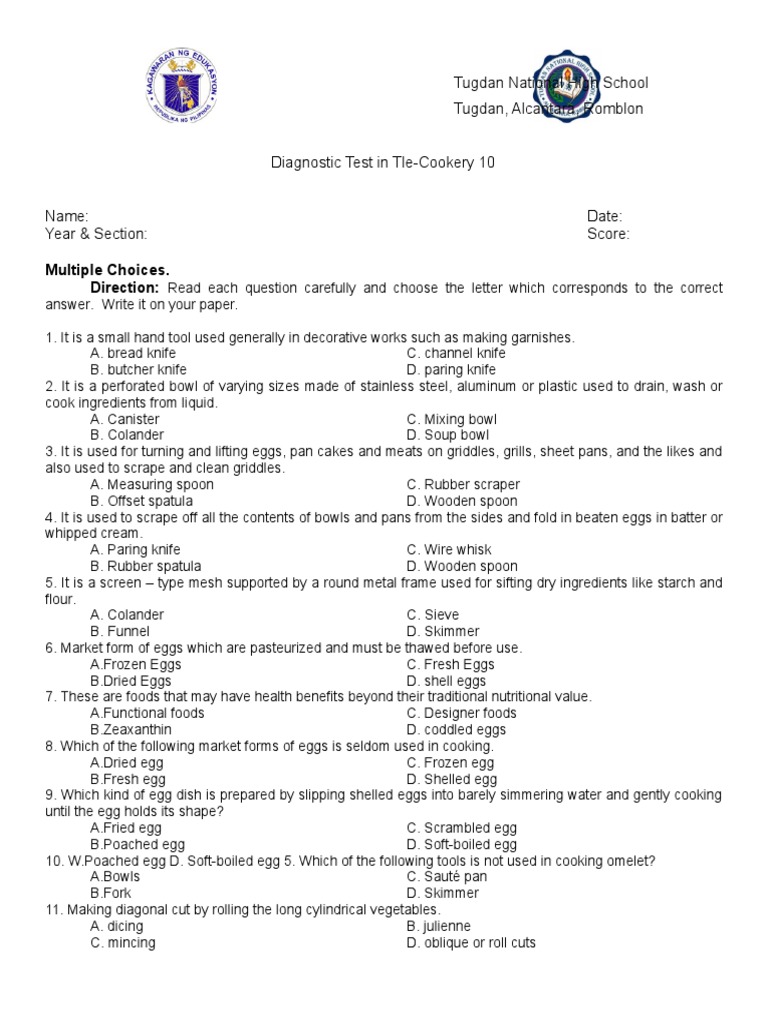 TLE Cookery 10 Diagnostic Test Q2 | PDF | Stock (Food) | Soup