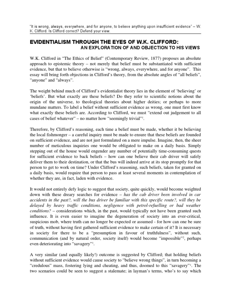 Evidentialism Through The Eyes of W.K. Clifford:: An Exploration of and ...