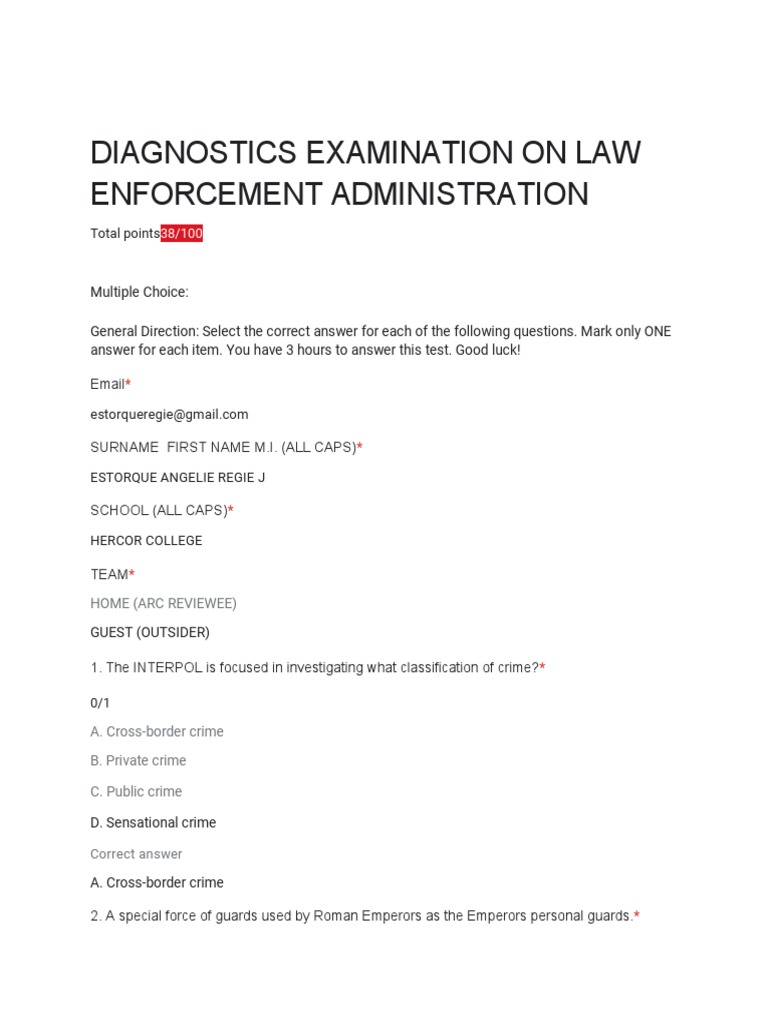 Diagnostics Examination On Law Enforcement Administration: Total Points ...