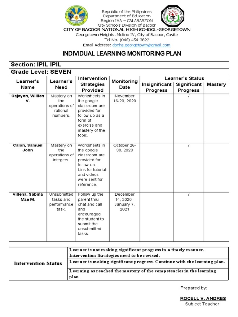 Individual Learning Monitoring Plan: Section: IPIL IPIL Grade Level ...