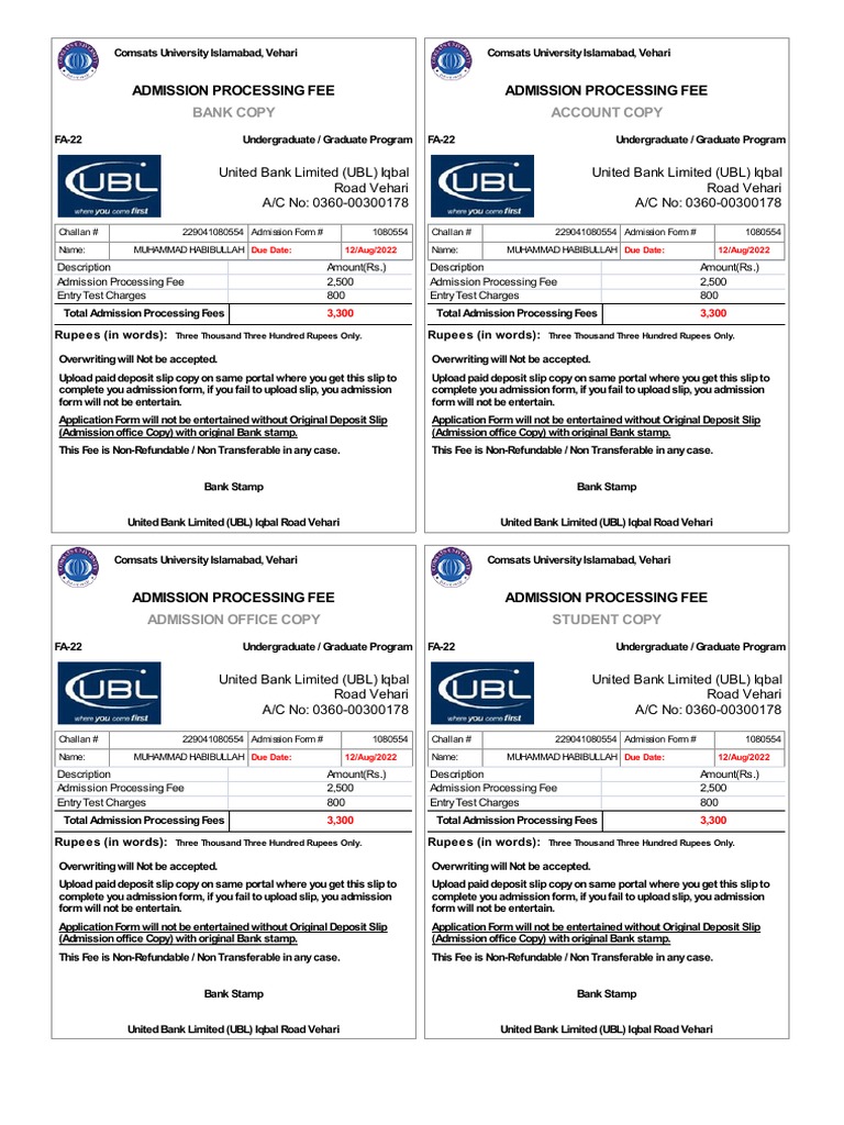 Bank Copy Account Copy: Admission Processing Fee Admission Processing Fee | PDF | Fee | Money