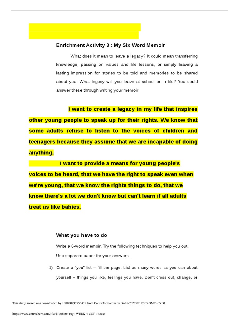 My Six Word Memoir Legacy | PDF | Creative Nonfiction | Dream