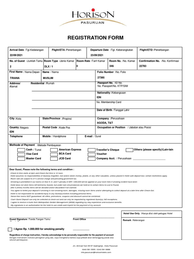 Contoh Registration Form Hotel | PDF | Financial Technology | Finance ...