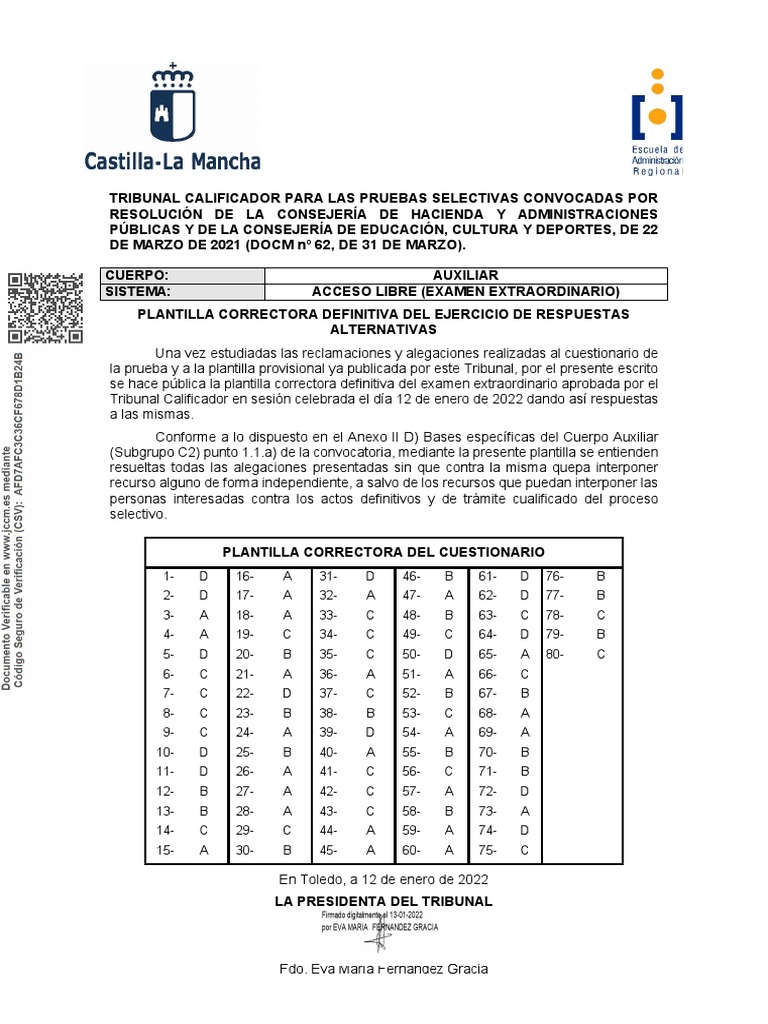 Plantilla Definitiva Cuerpo Auxiliar - 1a Prueba Extraordinaria | PDF Plantilla Definitiva Cuerpo Auxiliar - 1a Prueba Extraordinaria | PDF