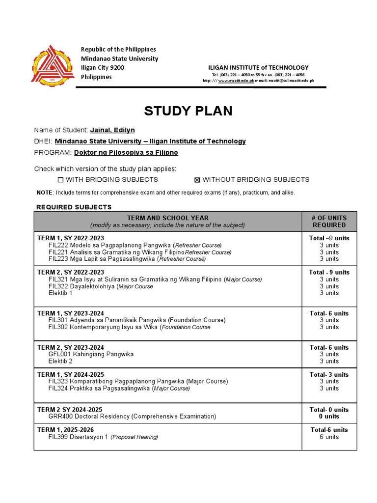 Jainal-PhD FIL (Study Plan) | PDF | Academic Degree | Academia