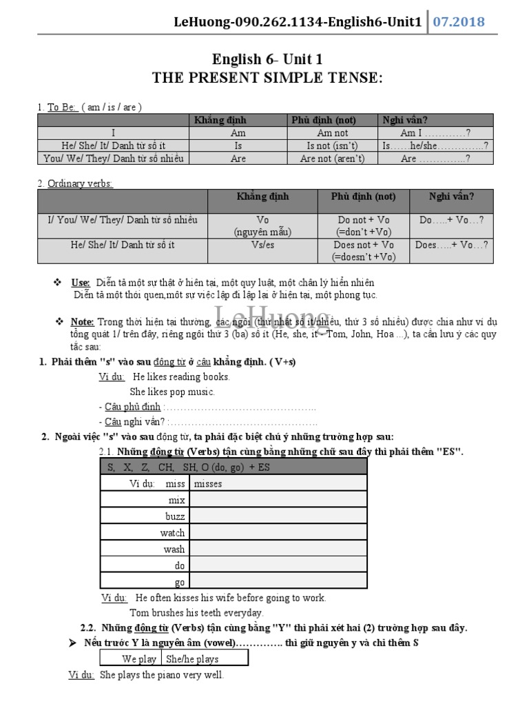 Bai Tap Tieng Anh Lop 6 Unit 1 The Present Simple Tense Le H ...