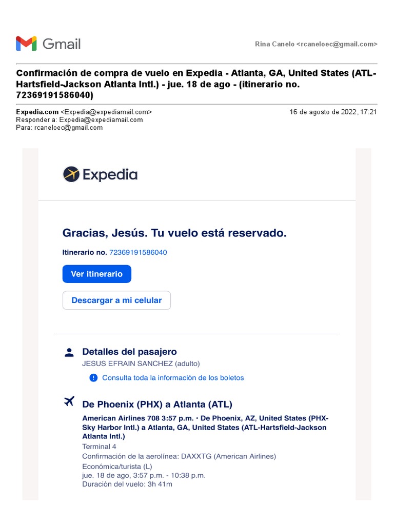 Confirmación de Compra de Vuelo en Expedia - Atlanta, GA, United States ...