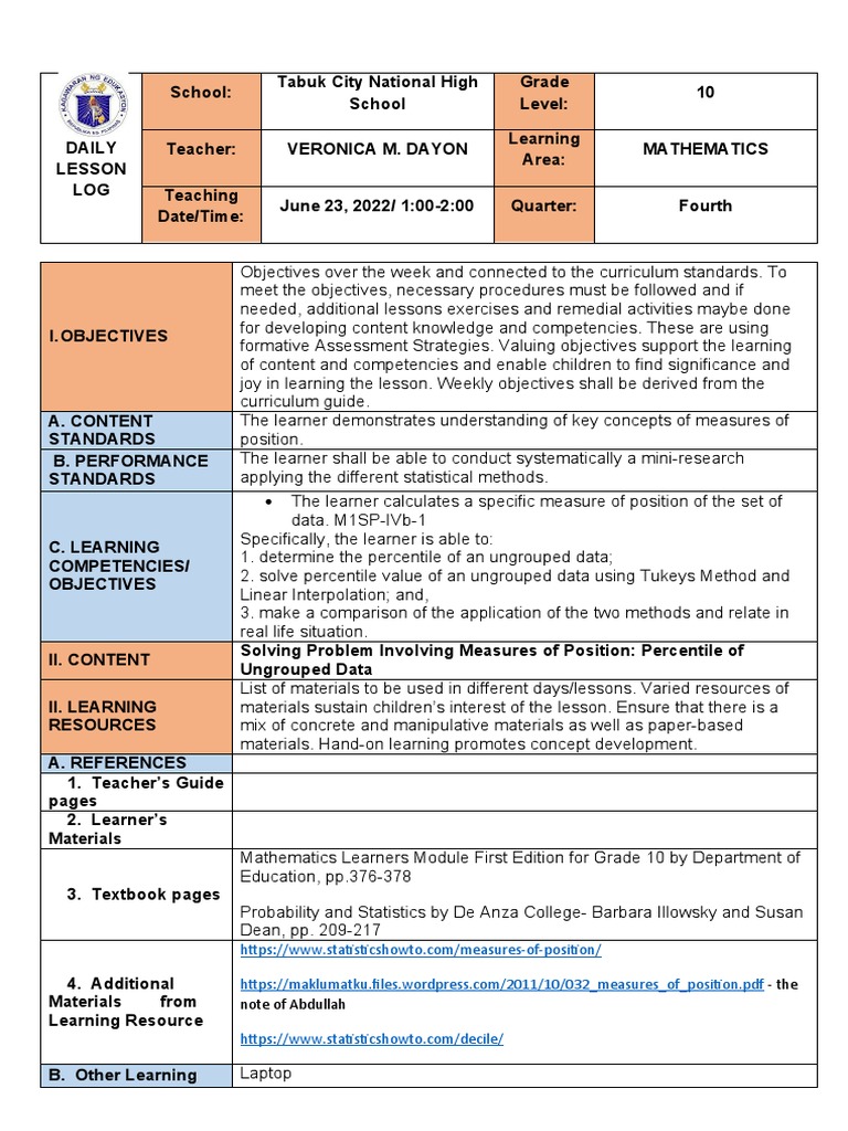 COT 2-DLL IN MATH 10 FOR DEMO 2021-2022 2nd SEM | PDF | Percentile ...
