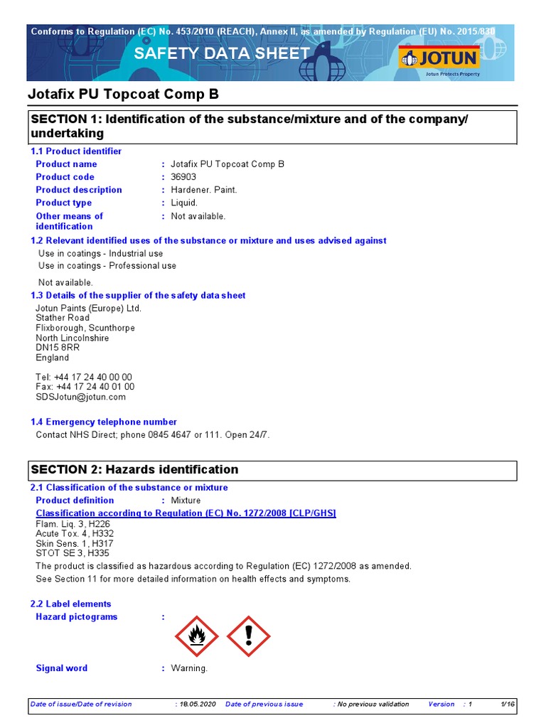 SDS 36903 Jotafix PU Topcoat Comp B Euk GB | PDF | Occupational Safety ...